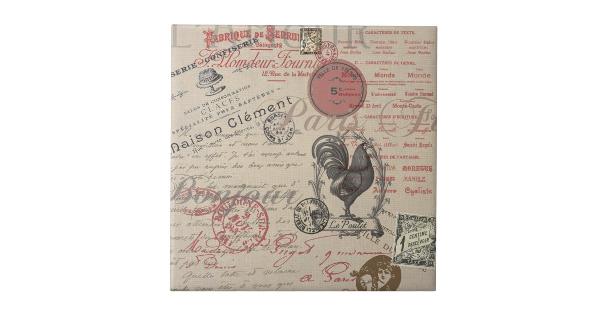 Vintage French Writing Paris Rooster typography Ceramic Tile | Zazzle