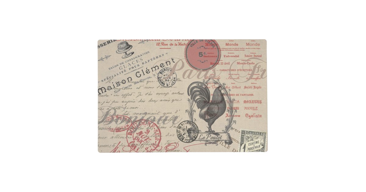 Vintage French Writing Paris Rooster typography Placemat | Zazzle