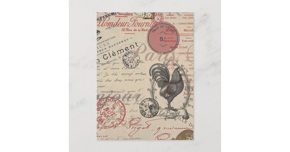 Vintage French Writing Paris Rooster typography Postcard | Zazzle