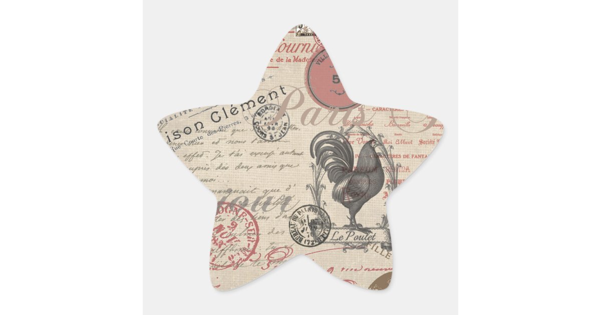 Vintage French Writing Paris Rooster typography Star Sticker | Zazzle