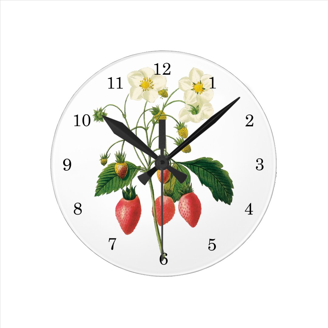 Vintage Fruit Berries Food Strawberries by Redoute Round Clock | Zazzle