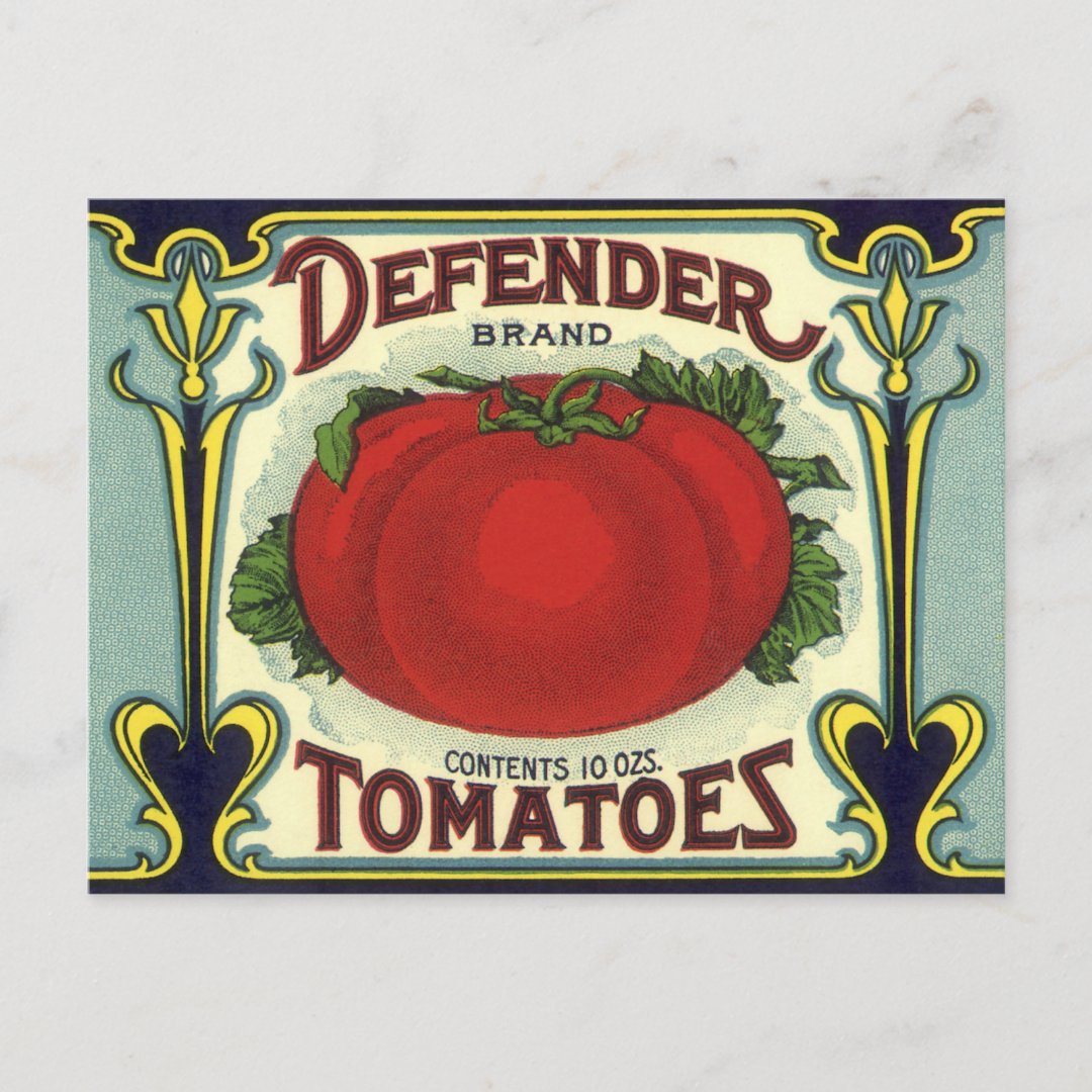 Vintage Fruit Crate Label Art, Defender Tomatoes Postcard | Zazzle