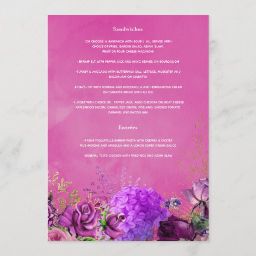 Vintage Fuchsia and Purple Floral Wedding Menu | Zazzle