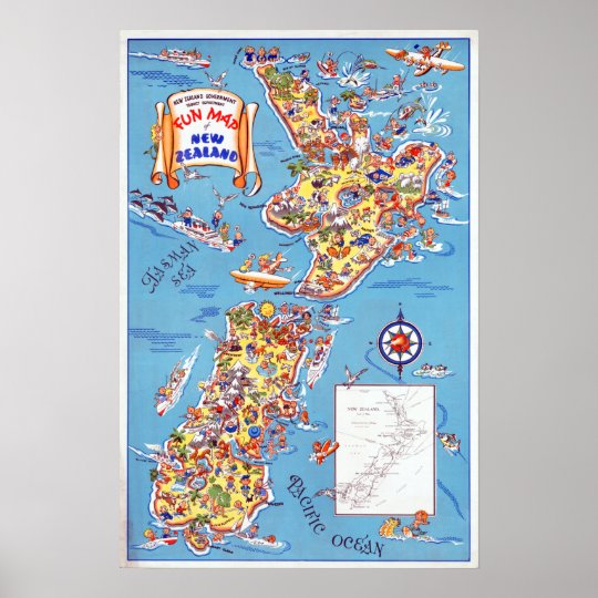 Vintage Fun Map of New Zealand Poster | Zazzle