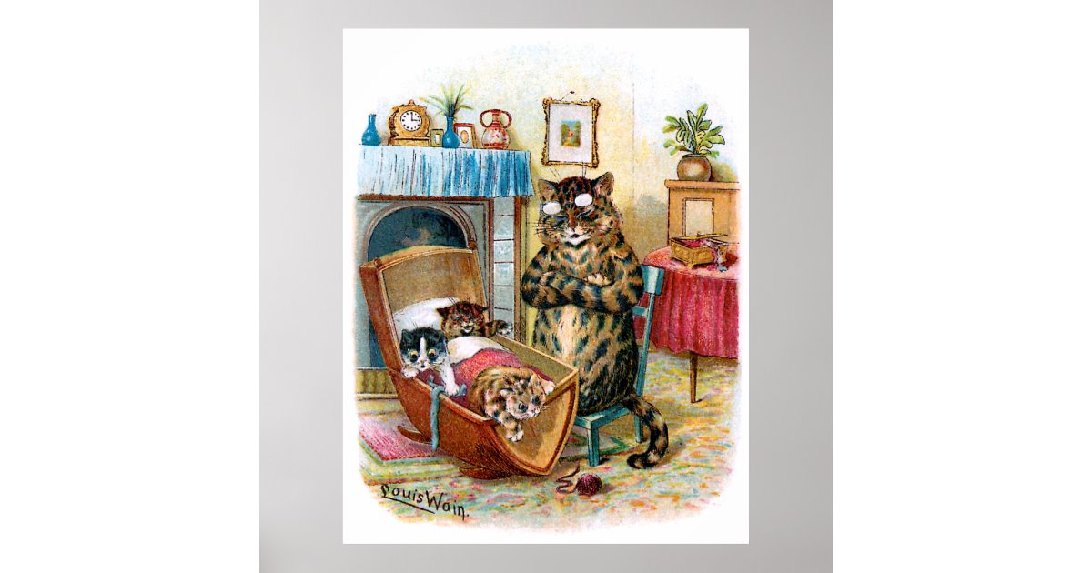 Vintage Funny Cat & Kittens In Cradle Poster | Zazzle