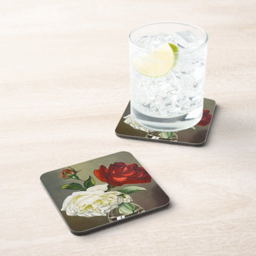 Vintage Garden Roses in a Glass Vase Beverage Coaster | Zazzle