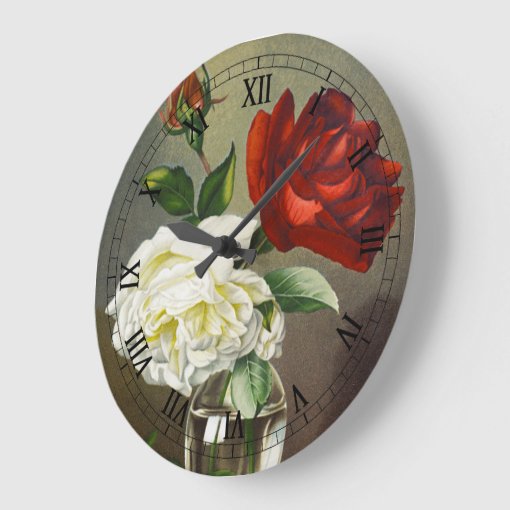 Vintage Garden Roses in a Glass Vase Large Clock | Zazzle