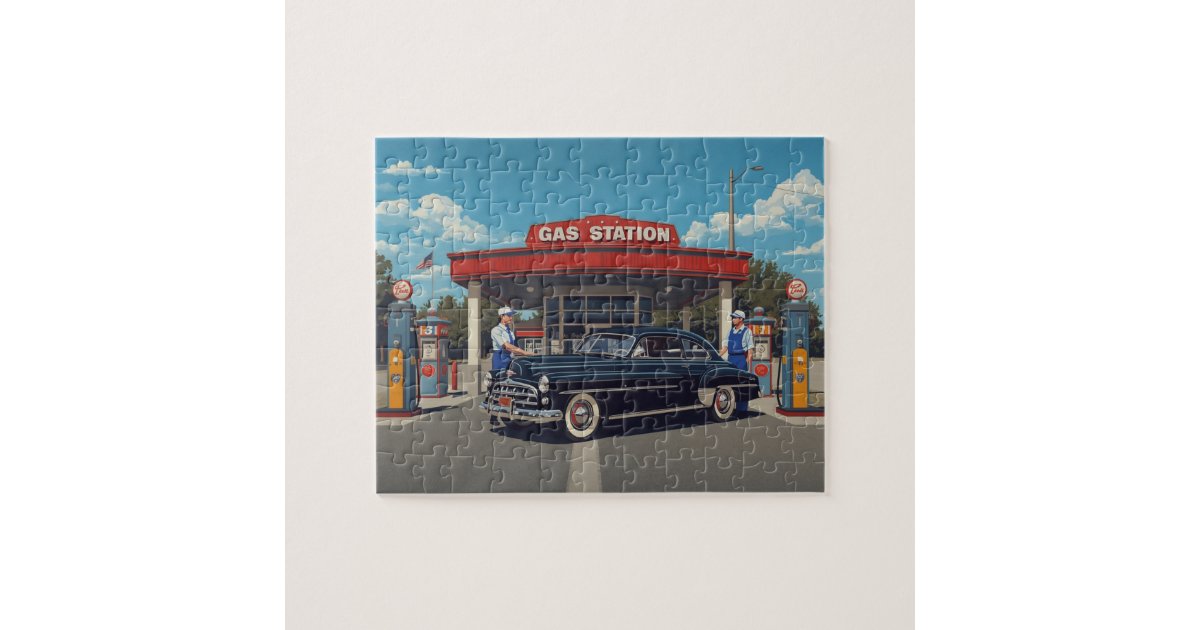 Vintage Gas Station Classic Black Car 1950s Jigsaw Puzzle | Zazzle