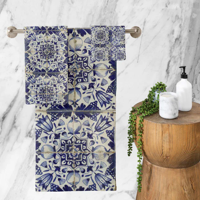 Vintage Geometric Blue White Tile Pattern Bath Towel Set | Zazzle
