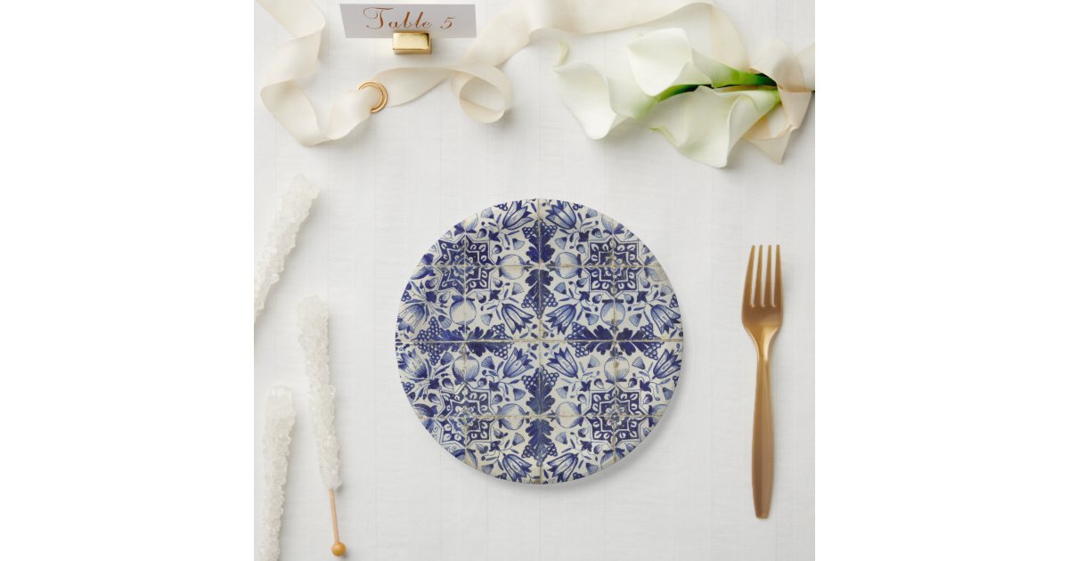 Vintage Geometric Blue White Tile Pattern Paper Plates | Zazzle