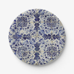 Vintage Geometric Blue White Tile Pattern Paper Plates | Zazzle