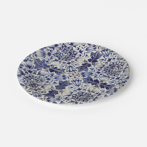 Vintage Geometric Blue White Tile Pattern Paper Plates | Zazzle