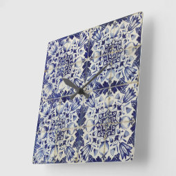 Vintage Geometric Blue White Tile Pattern Square Wall Clock | Zazzle