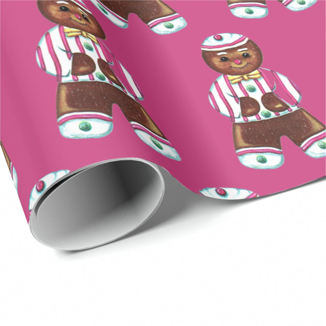 Vintage Gingerbread Man Pink Christmas Wrapping Paper | Zazzle
