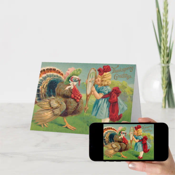 Vintage Girl And Turkey Dress Up Thanksgiving Holiday Card | Zazzle