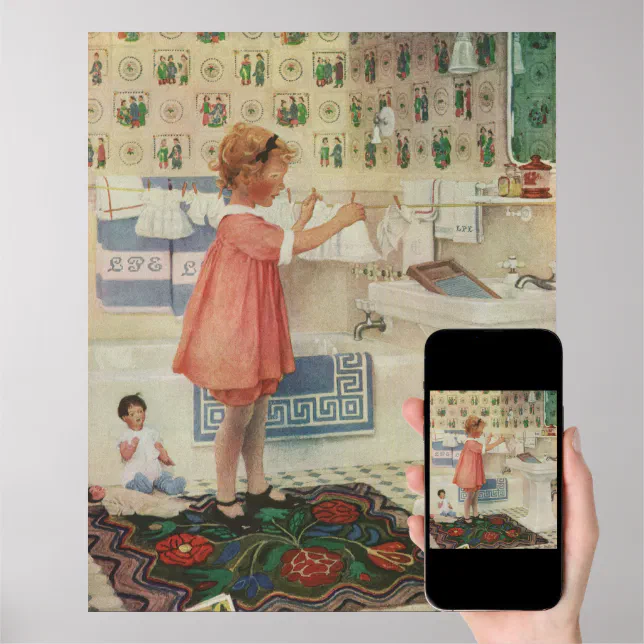Vintage Girl, Child Doing Laundry Hanging Clothes Poster | Zazzle