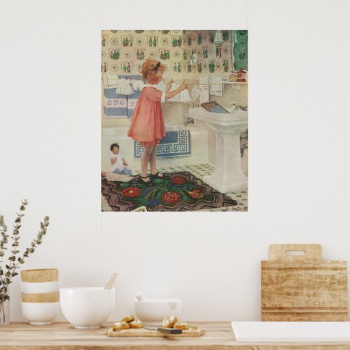 Vintage Girl, Child Doing Laundry Hanging Clothes Poster | Zazzle