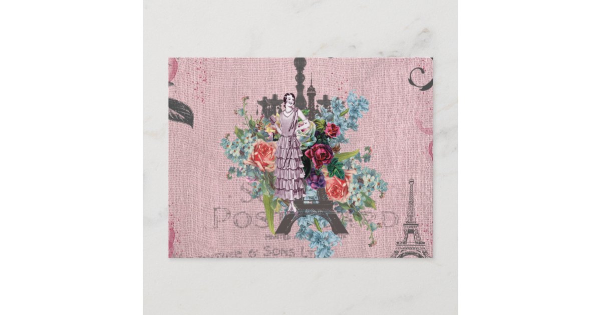 Vintage Girl Corloful Red Roses Paris Eiffel Tower Postcard | Zazzle