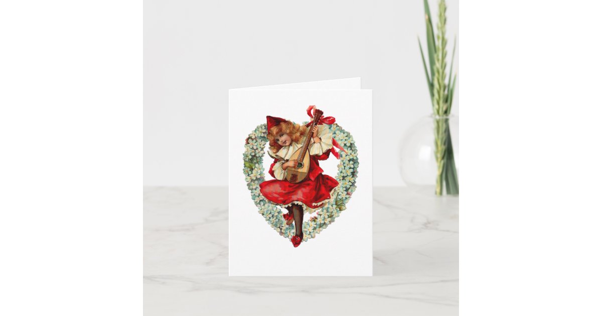 Vintage girl mandolin valentine card | Zazzle
