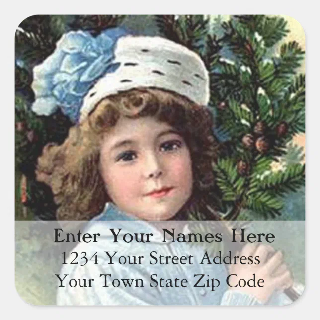 Vintage Girl With Christmas Tree Address Label | Zazzle