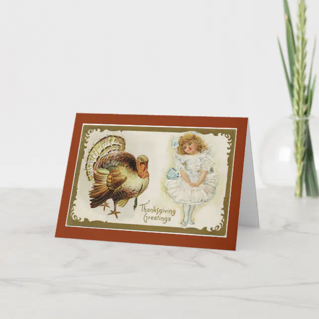 Vintage Girl With Turkey Holiday Card | Zazzle