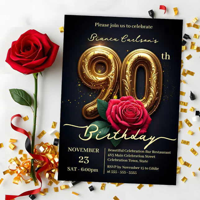 Vintage Glamour Red Rose Gold Number 90th Birthday Invitation | Zazzle