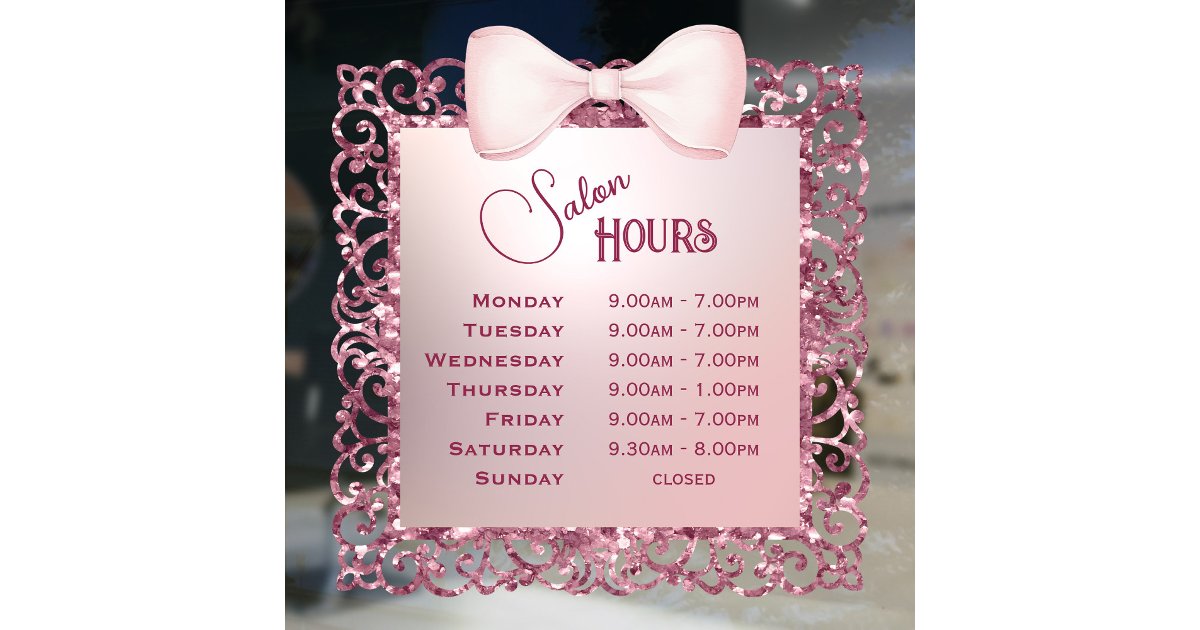 Vintage Glitter Frame Pink Bow Opening Hours Window Cling | Zazzle