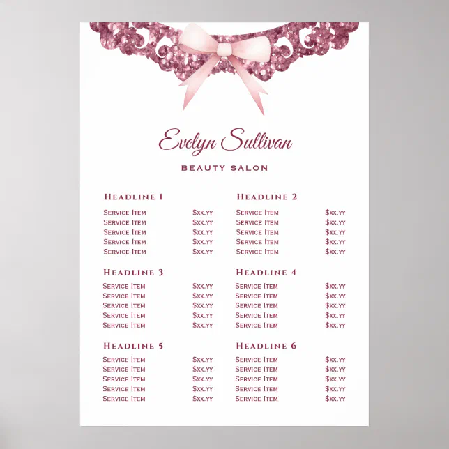 Vintage glitter frame pink bow price list poster | Zazzle