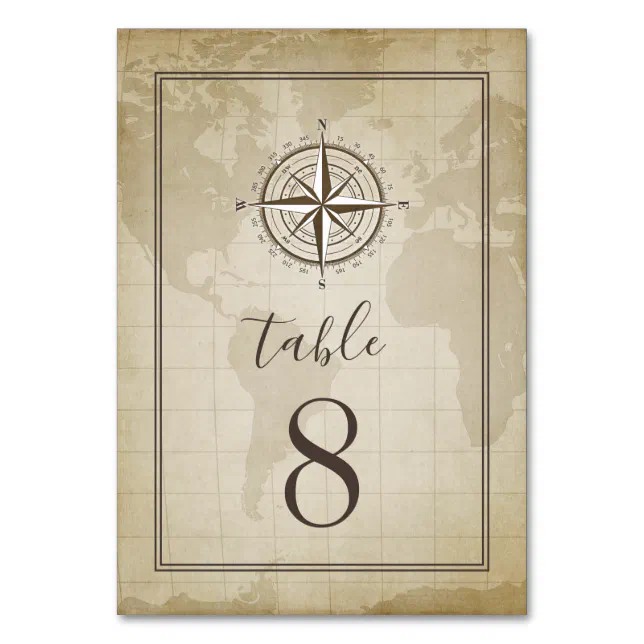 Vintage Globe Nautical Compass Wedding Table Number | Zazzle