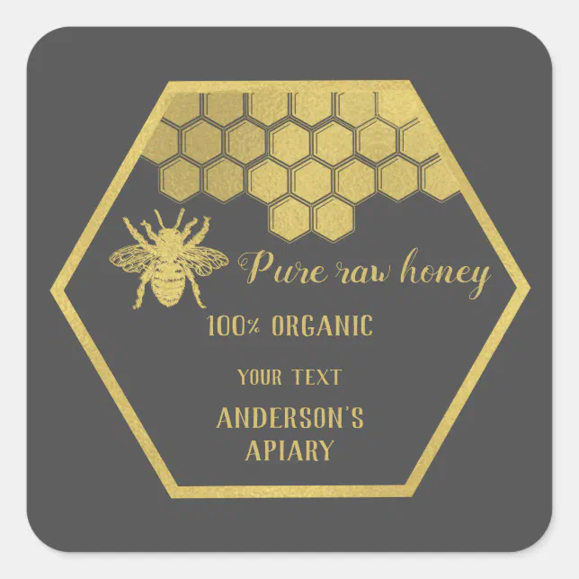 Vintage gold bee honey comb honey jar square sticker | Zazzle