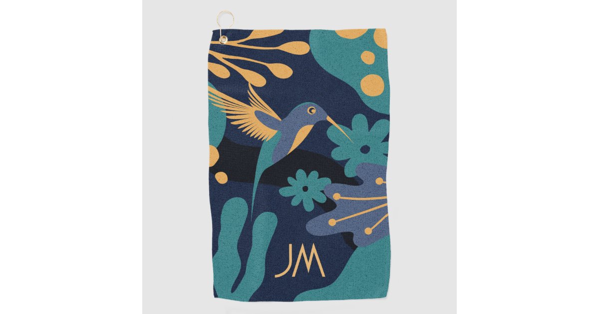 Vintage gold, blue and turquoise hummingbird golf towel | Zazzle