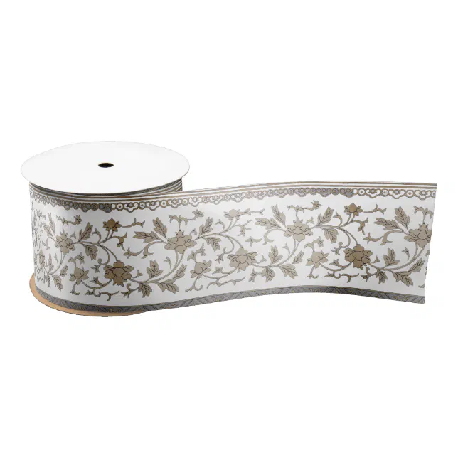 Vintage Gold Chinoiserie Floral Distressed Scroll Satin Ribbon | Zazzle