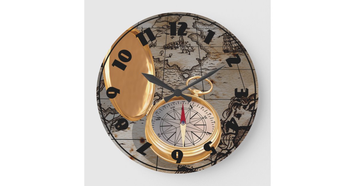 Vintage Gold Compass on Antique Pirate Map Large Clock | Zazzle