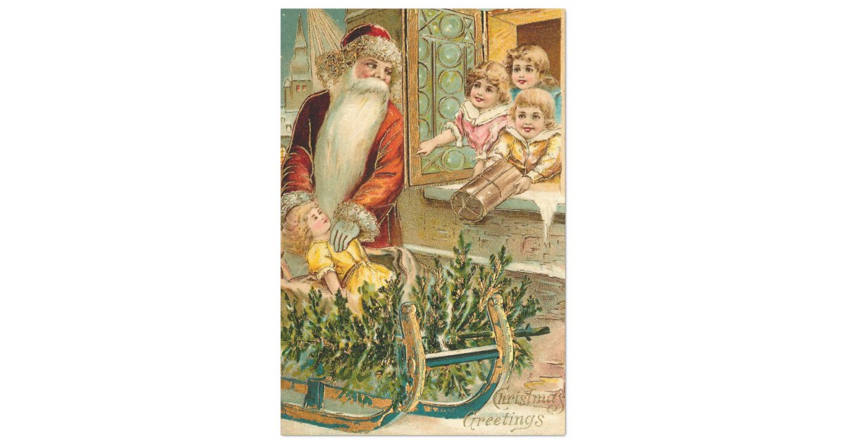 Vintage Gold Father Christmas with Happy Children Tissue Paper | Zazzle