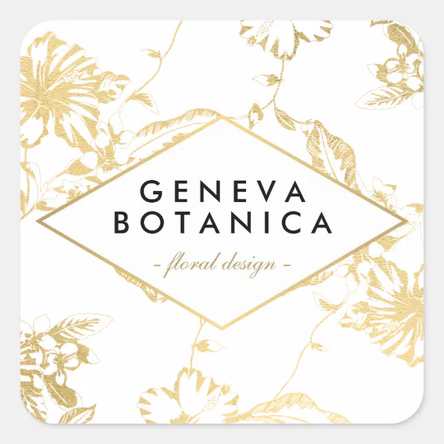 Vintage Gold Floral Pattern on White Designer Square Sticker | Zazzle