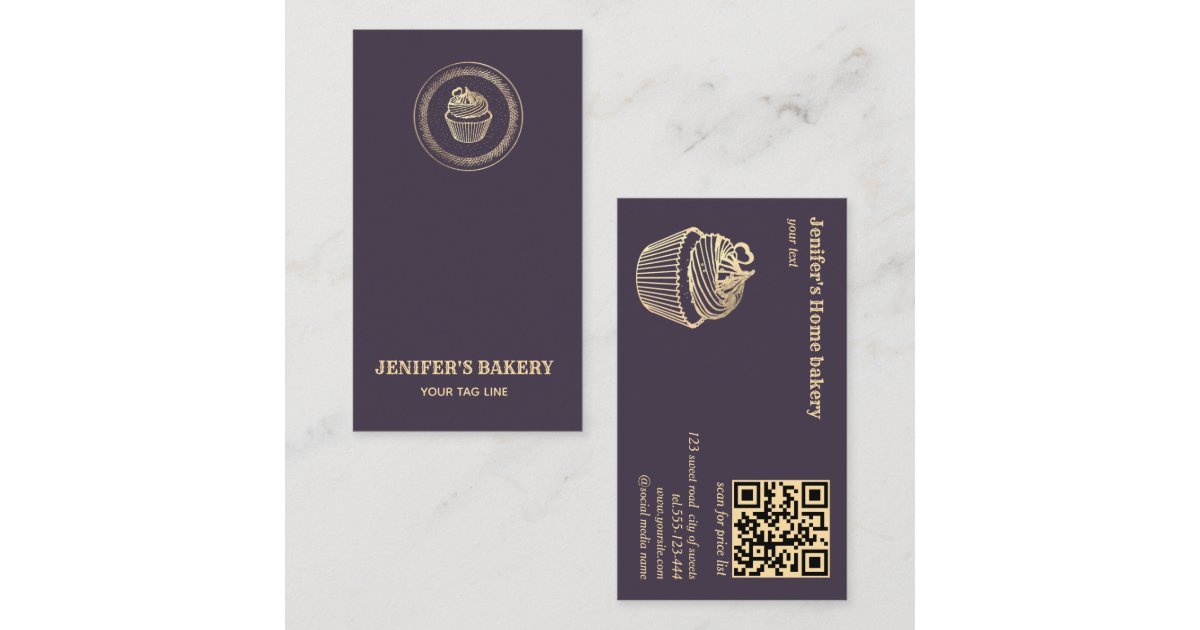 Vintage gold foil cupcake bakery QR code Business Card | Zazzle