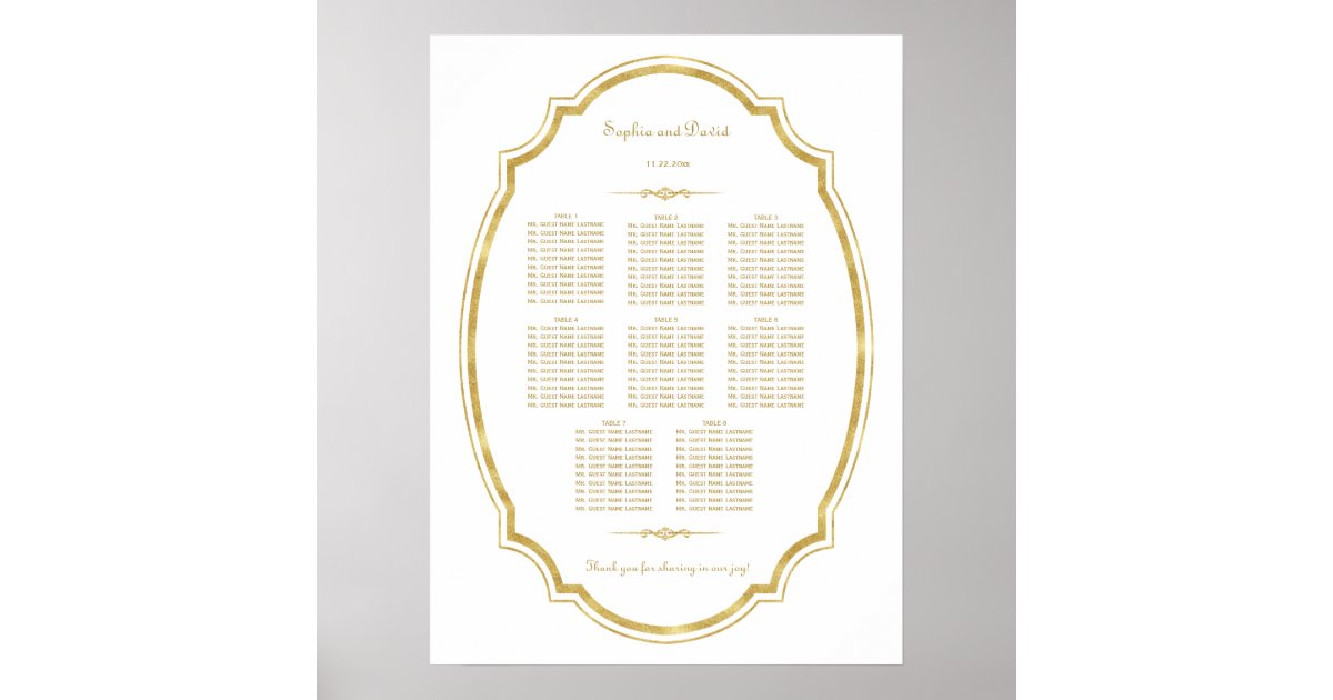 Vintage Gold Foil Frame Wedding Seating Chart | Zazzle