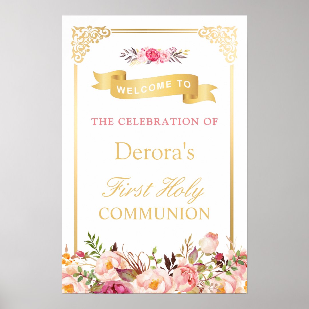 Vintage Gold Frame Floral | First Holy Communion Poster | Zazzle