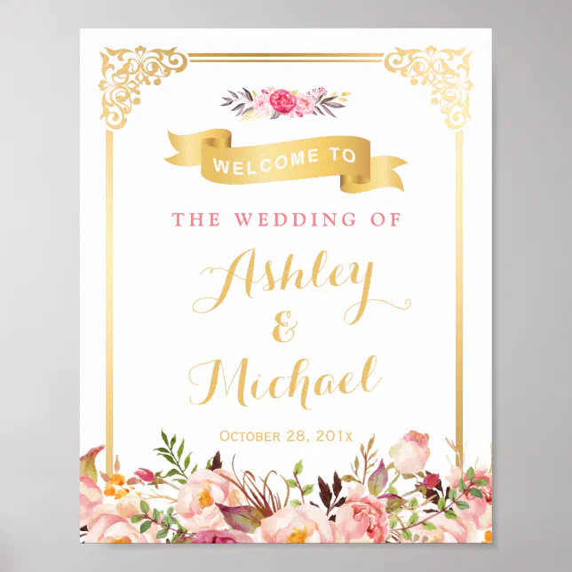 Vintage Gold Frame Floral Wedding Reception Sign | Zazzle