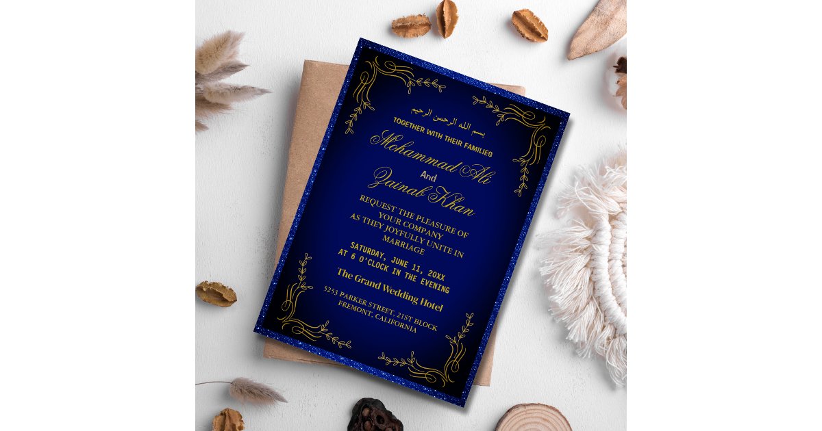 Vintage Gold Frame Royal Blue Islamic Wedding Invitation | Zazzle