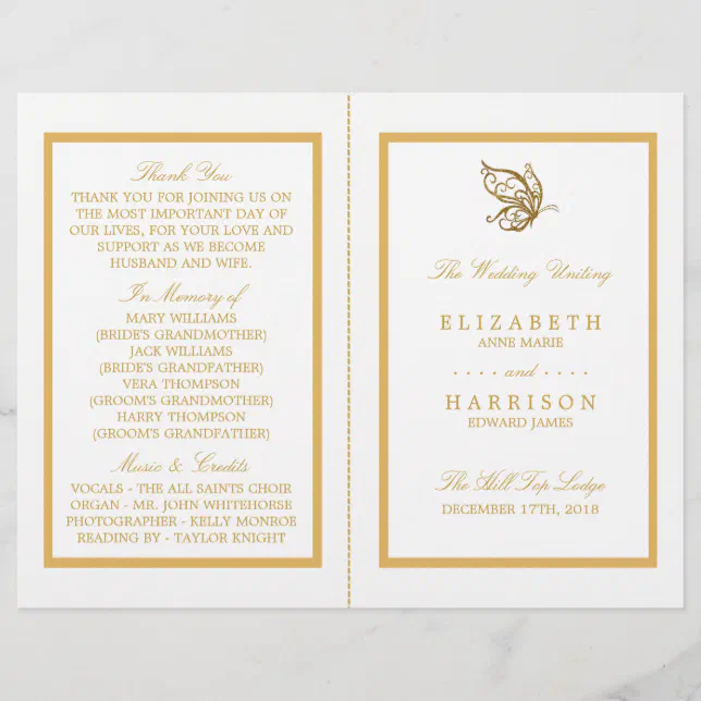 Vintage Gold Glitter Butterfly Wedding Program | Zazzle
