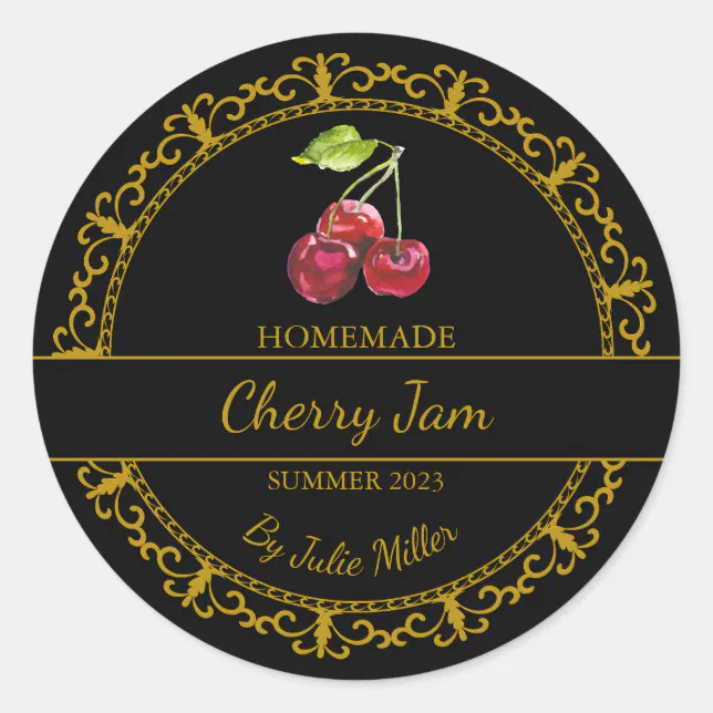 Vintage Gold Homemade Cherry Jam Label | Black | Zazzle