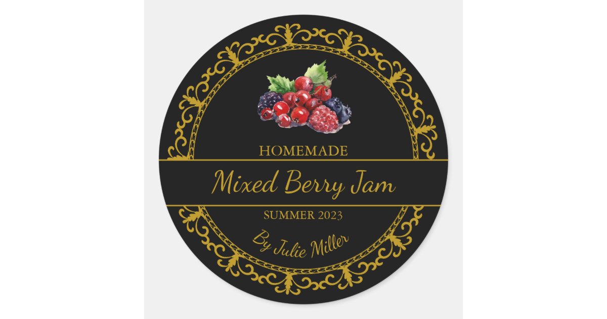 Vintage Gold Homemade Mixed Berry Jam Black Label | Zazzle