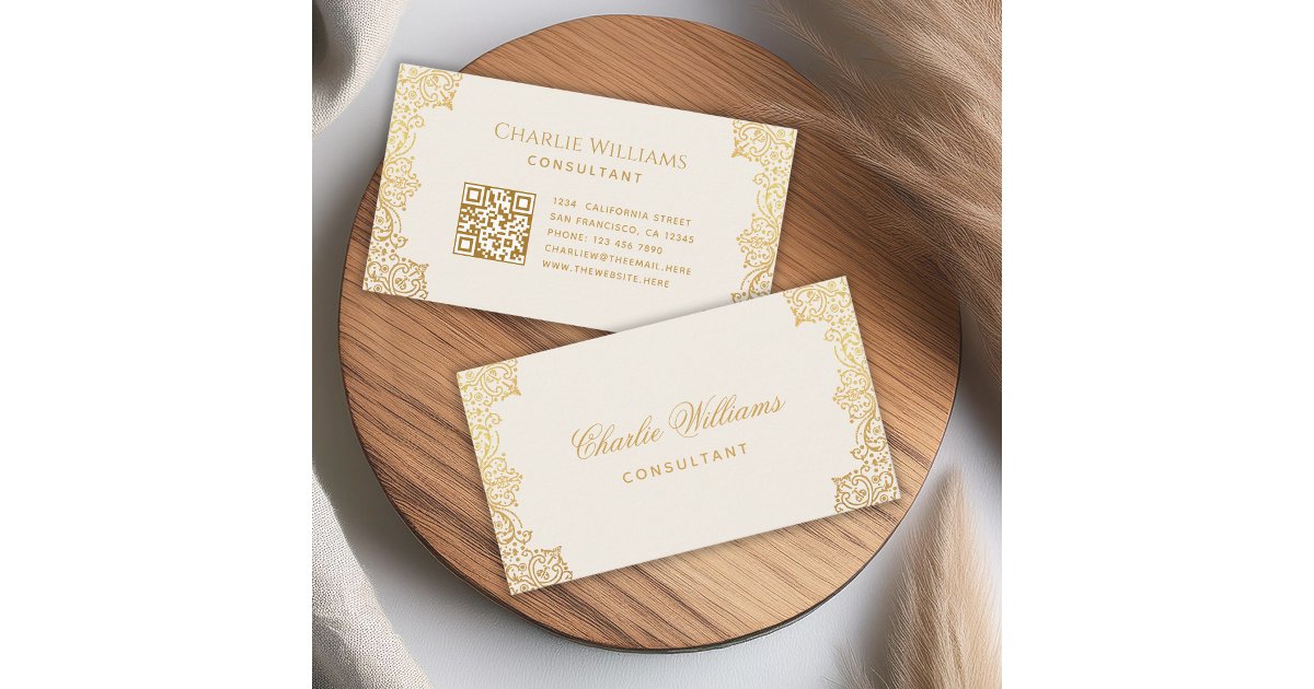 Vintage Gold Ivory QR Code Elegant Script Antique Business Card | Zazzle