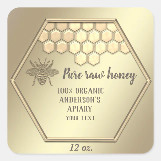 Vintage gold luxury bee honey comb honey jar square sticker | Zazzle