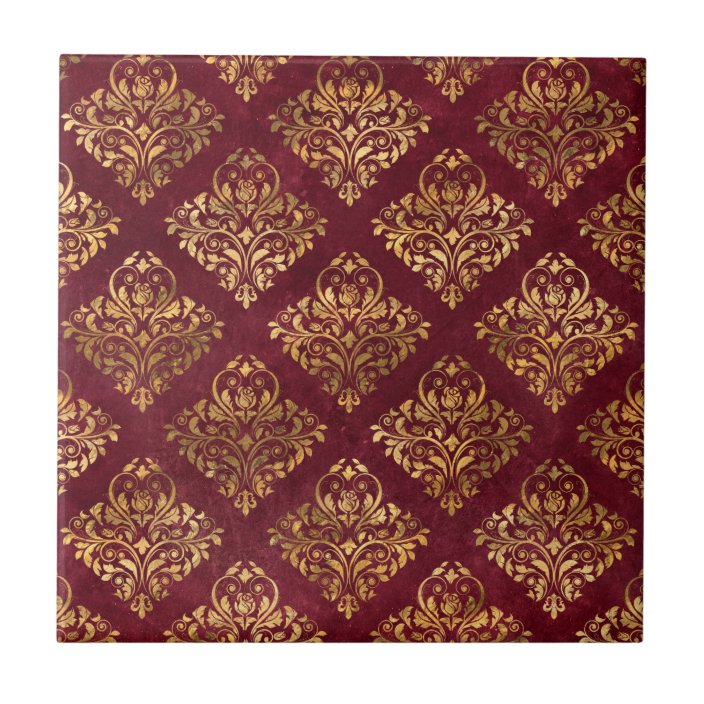 Vintage Gold Maroon Damask Pattern Ceramic Tile | Zazzle.com
