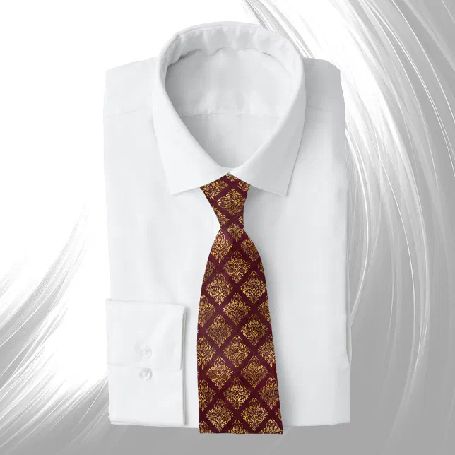 Vintage Gold Maroon Damask Pattern Neck Tie | Zazzle