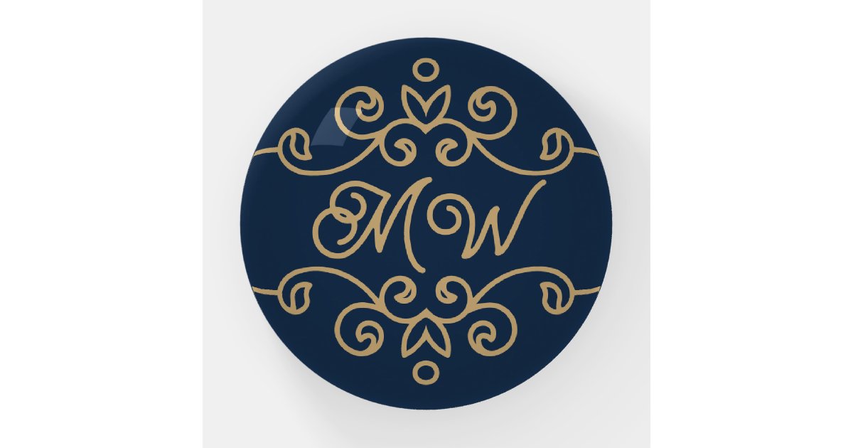 Vintage Gold & Navy Blue Elegant Flourish Monogram Paperweight | Zazzle