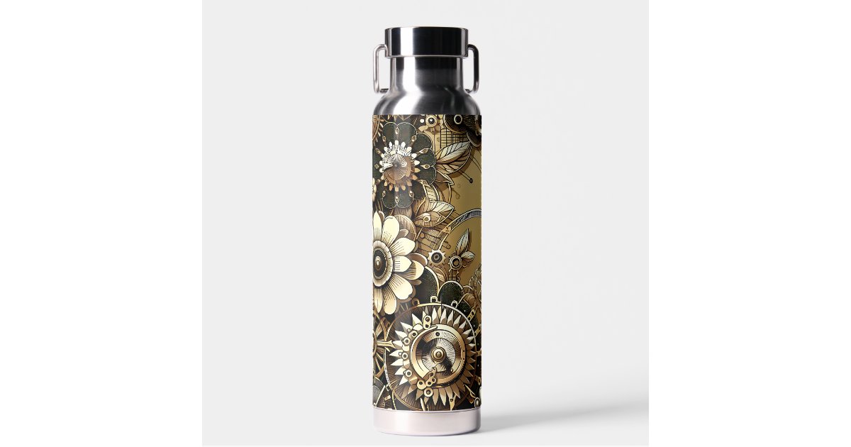 Vintage Gold Steampunk Metal Gears and Flowers Water Bottle | Zazzle