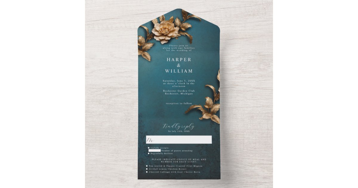 Vintage golden foliage rsvp attached wedding all in one invitation | Zazzle